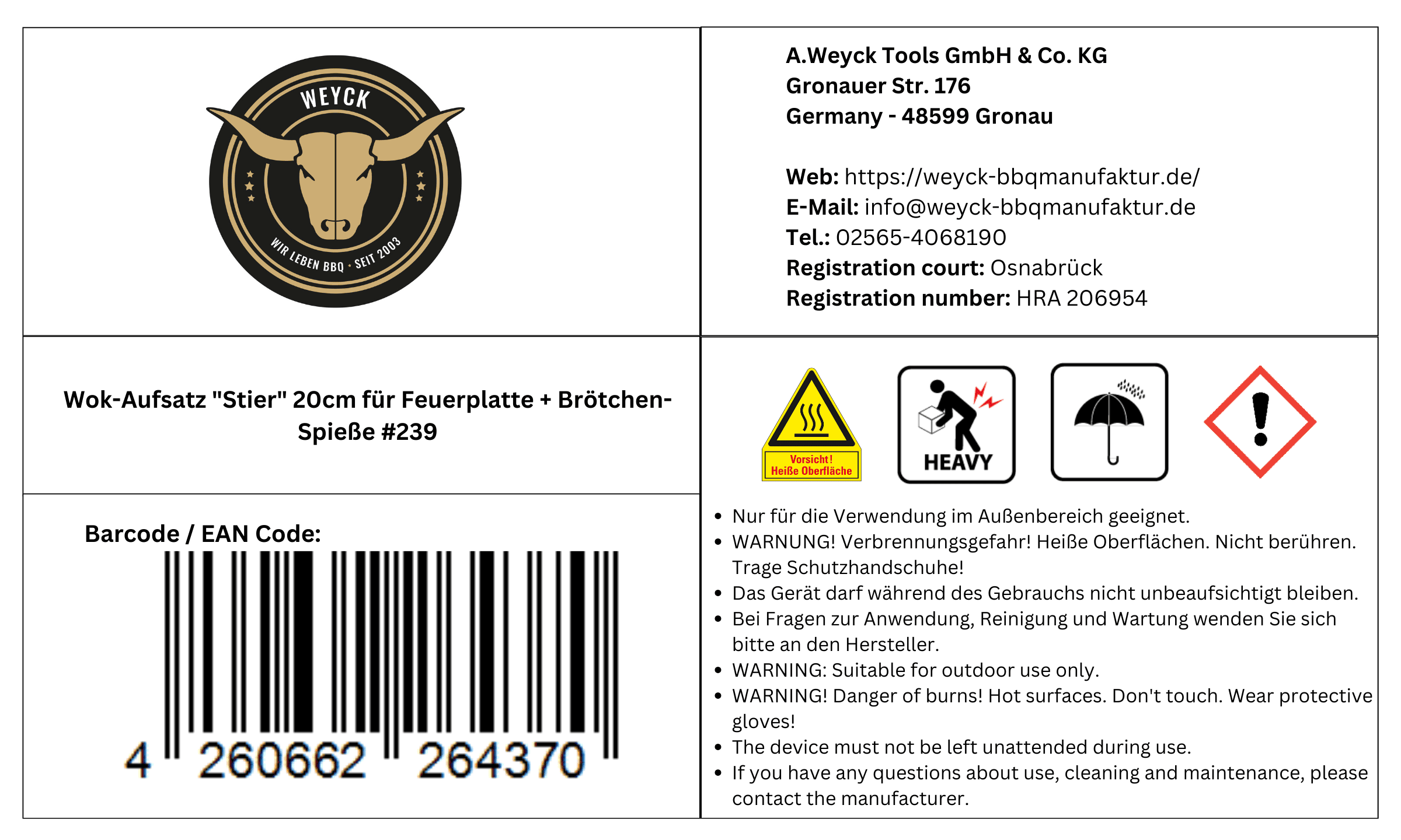 Wok attachment "Bull" 20 cm for fire plate + bread roll skewers #239 ...